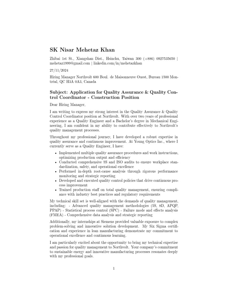 Northvolt Cover Letter | PDF | Quality Assurance | Quality Management