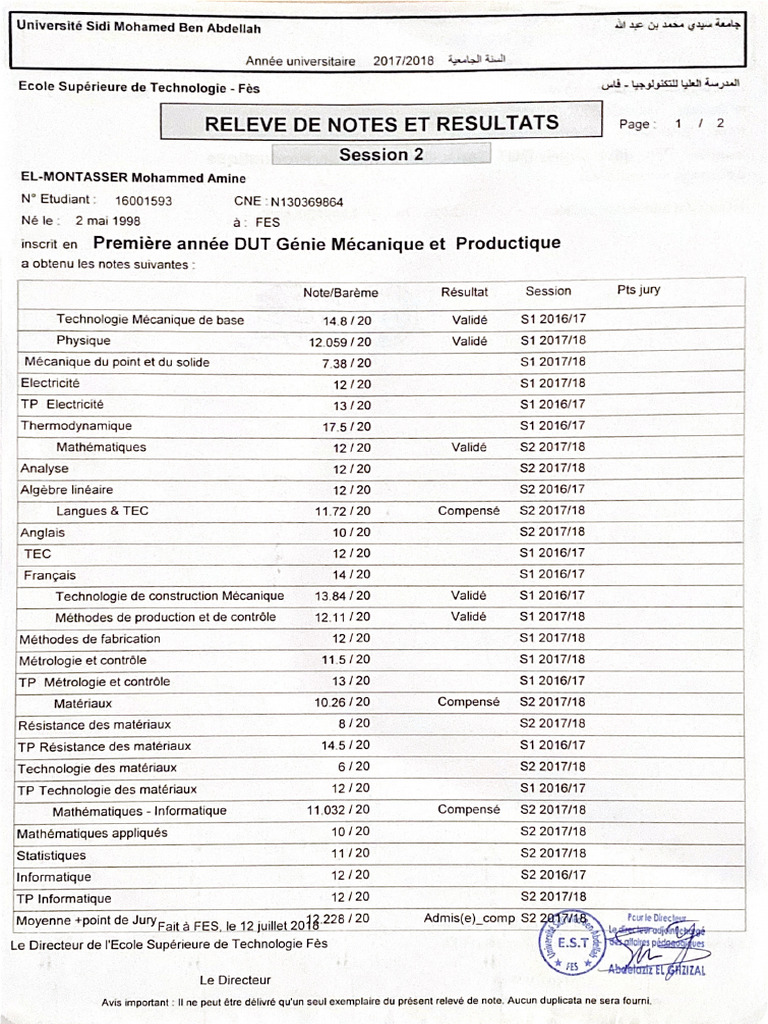 Relevé de notes 1er anné S2 EST | PDF