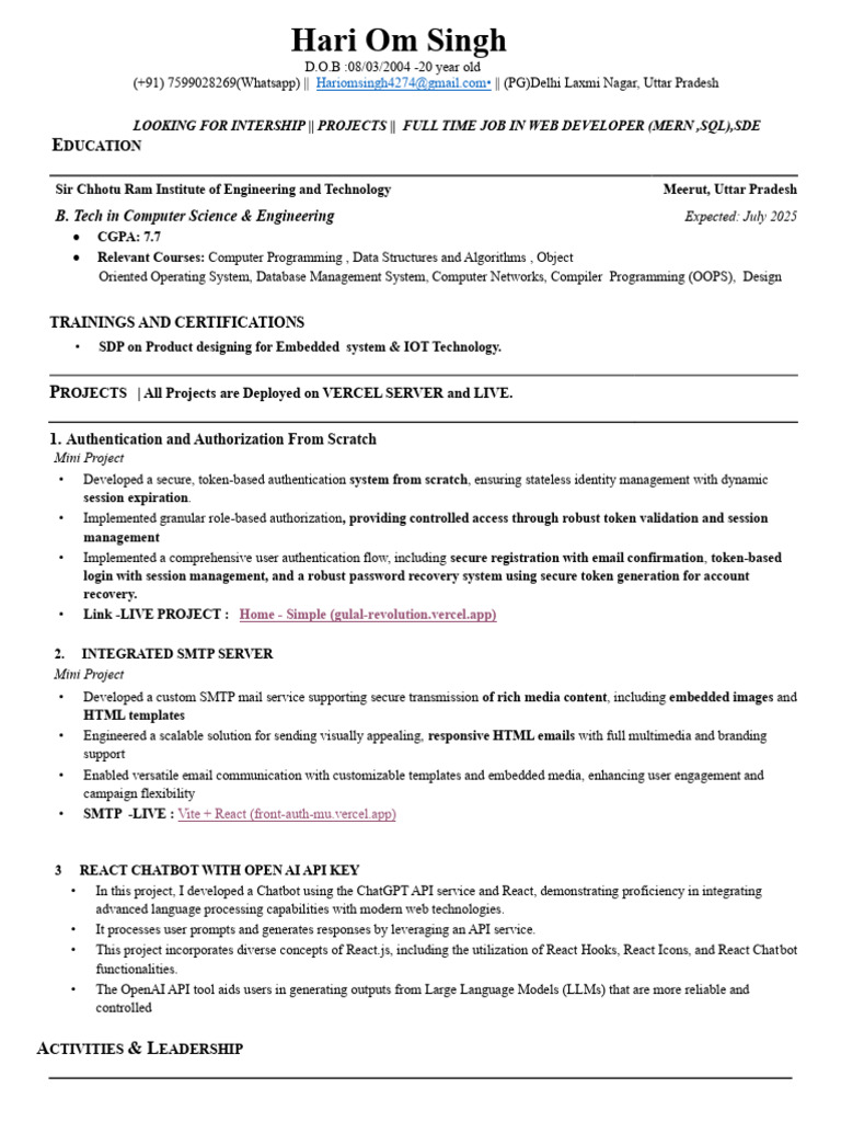 Web Developer Internship & Projects Resume | PDF | Computing | Computer ...