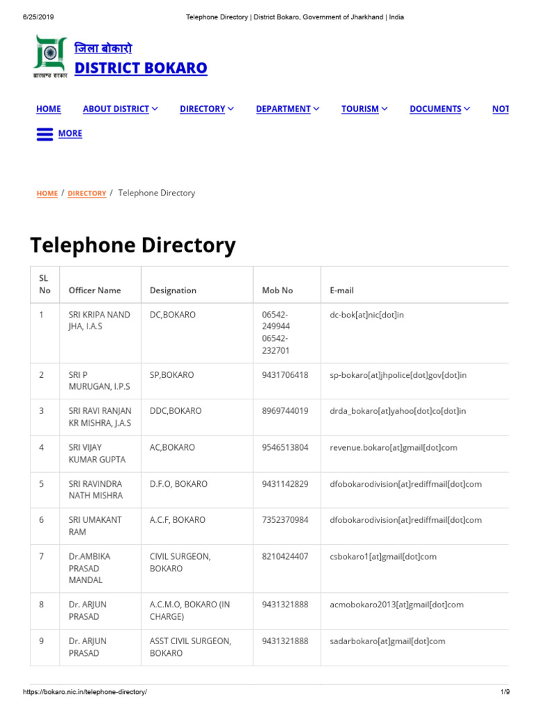 Telephone Directory - District Bokaro, Government of Jharkhand - India | PDF