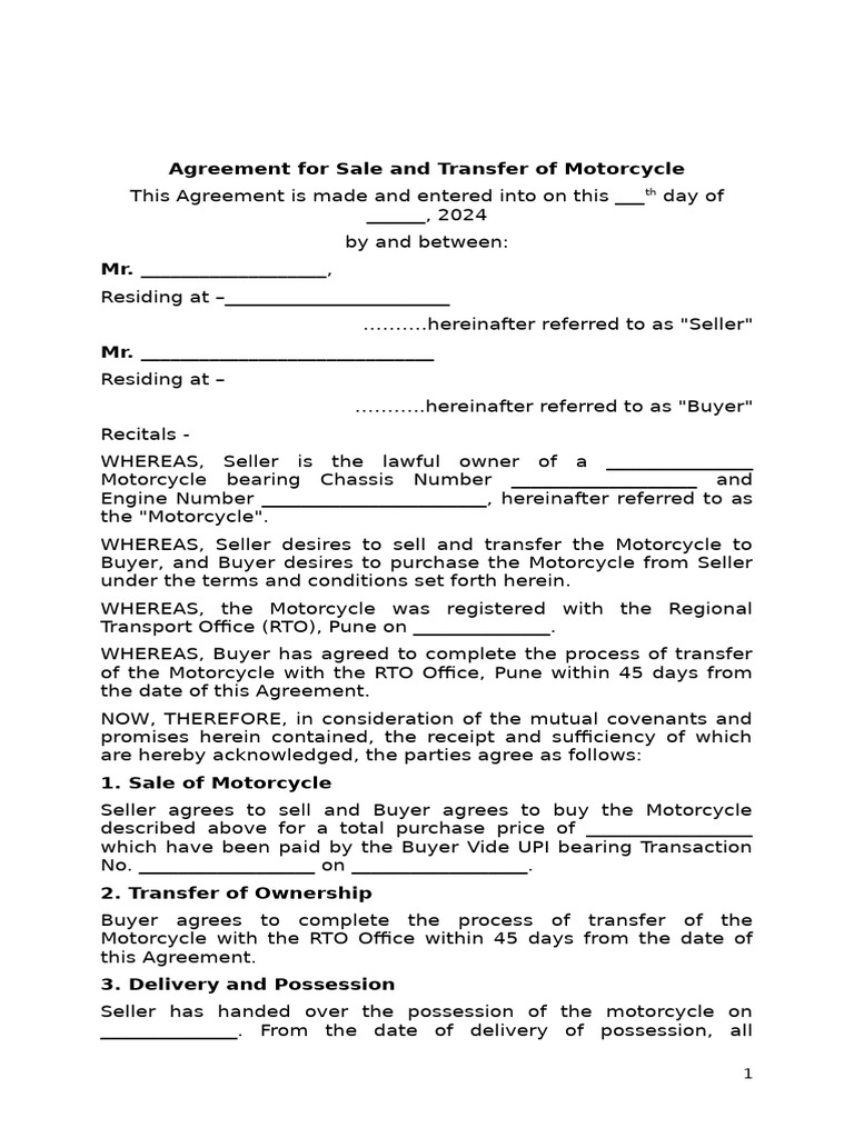 Motorcycle Sale and Transfer Agreement | PDF | Legal Liability | Civil ...