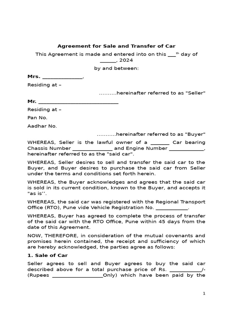 Agreement for Sale and Transfer of Car | PDF | Legal Liability | Common Law