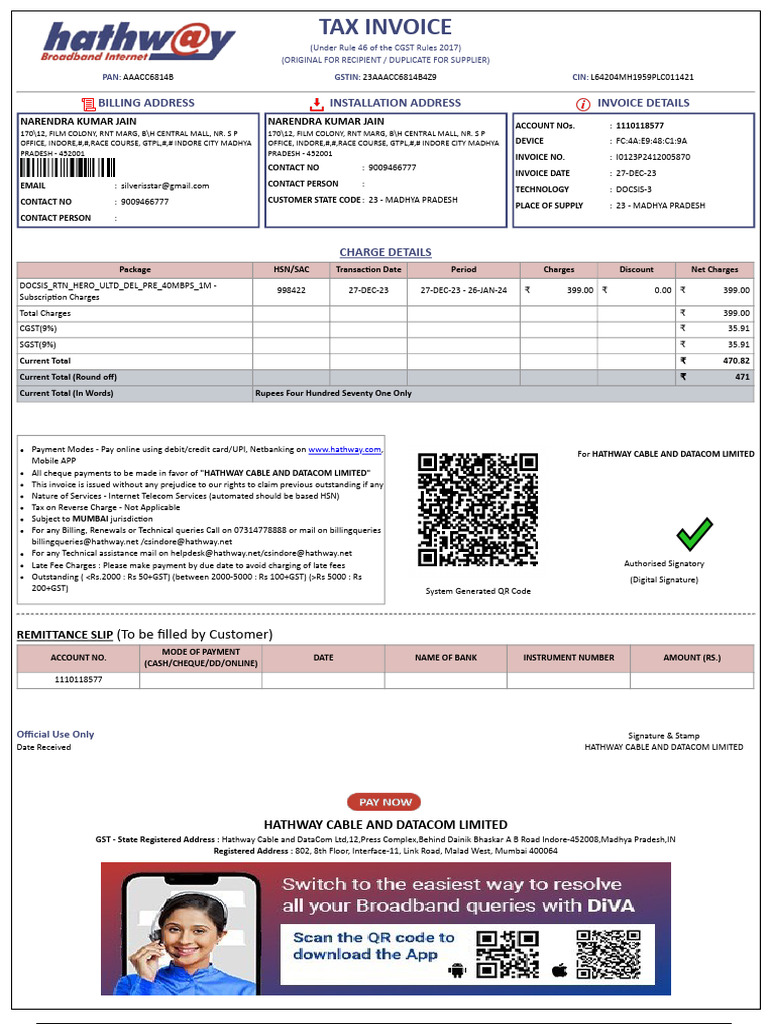 Hathway-Invoice 1110118577 I0123P2412005870 | PDF | Invoice | Cheque