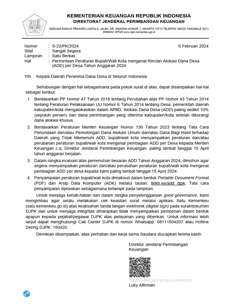 Surat Dirjen PK Permintaan Perkada ADD TA 2024 | PDF