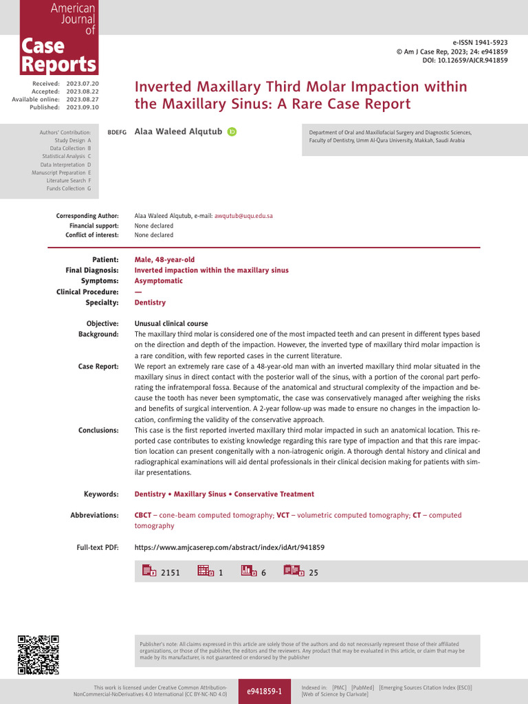 Inverted Maxillary Third Molar Impaction within the Maxillary Sinus A ...