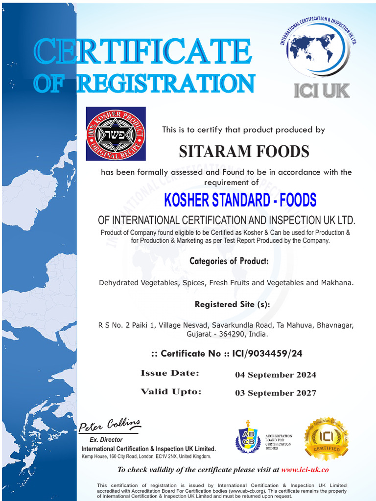 SITARAM FOODS Kosher Final Certificate | PDF