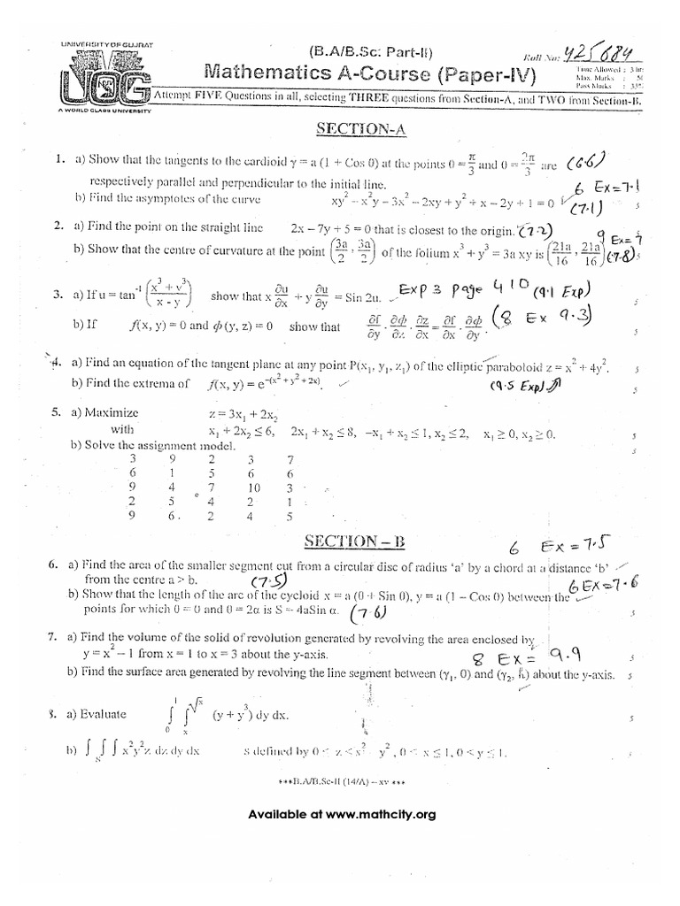 A2014 Uog Math A Paper IV | PDF