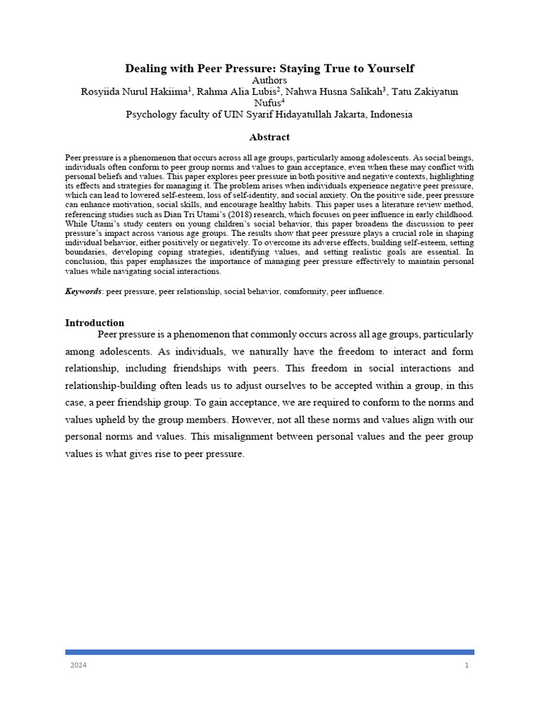 Dealing With Peer Pressure:Staying True To Yourself | PDF | Self Esteem ...