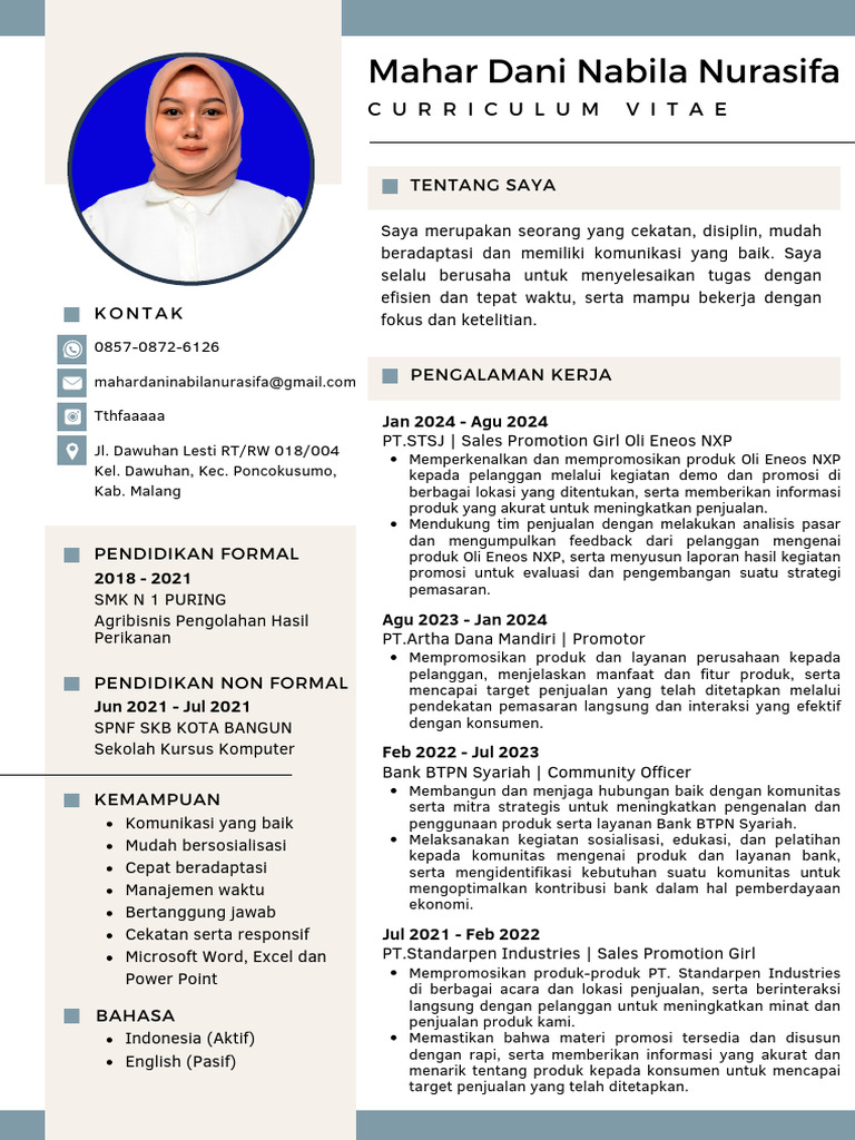 CV Mahar Dani Nabila Nurasifa | PDF