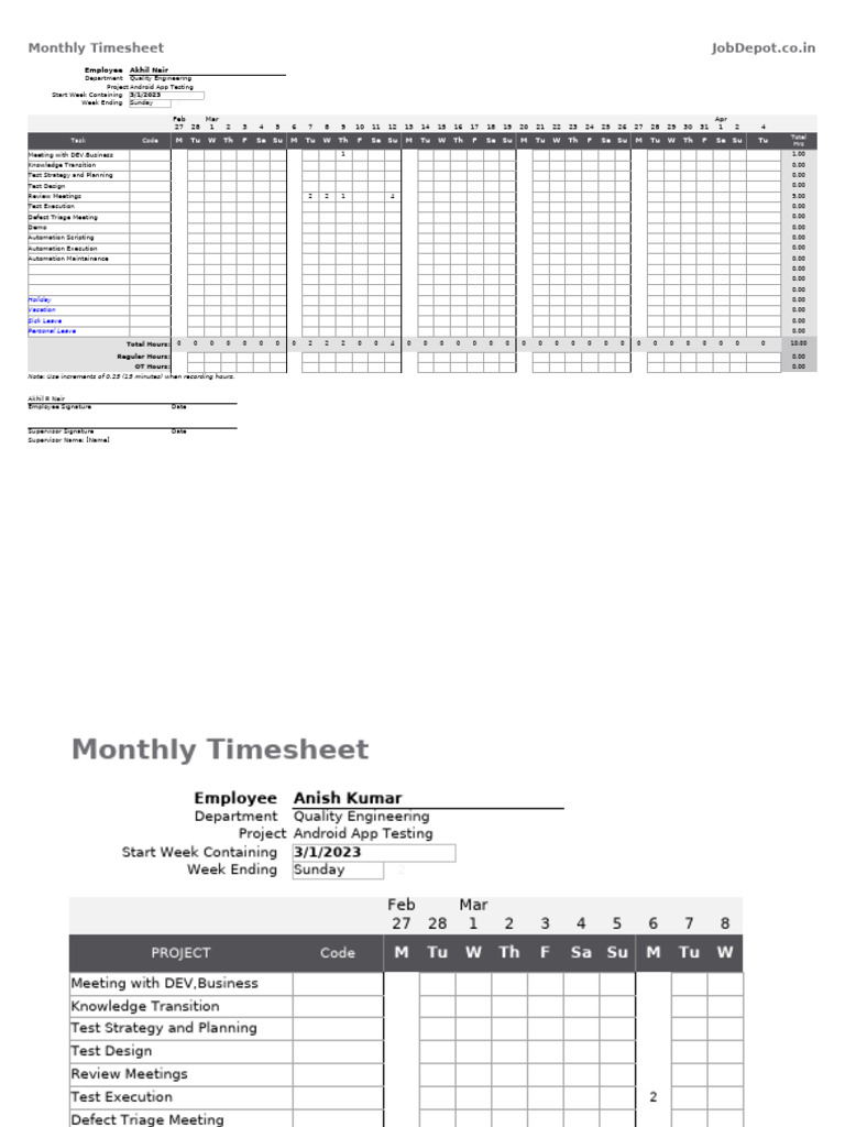 Monthly Timesheet for Quality Engineering | PDF | Business | Computing