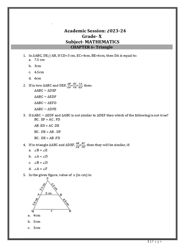 Grade X Mathematics Triangle Worksheet | PDF | Triangle | Elementary ...