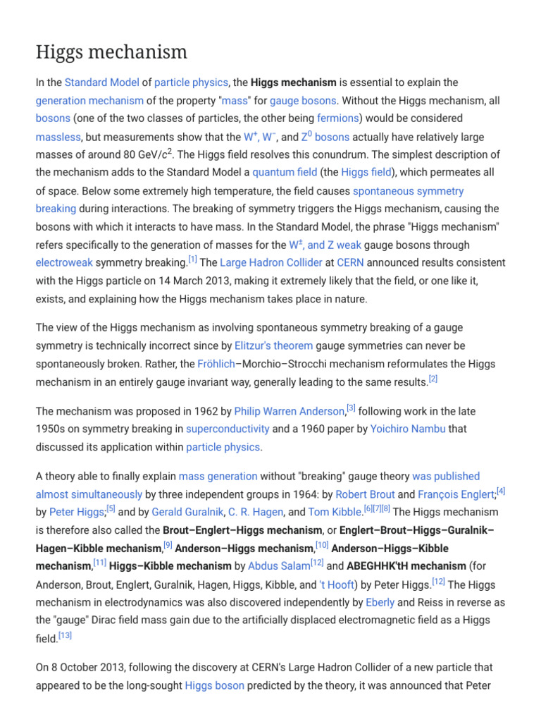 Higgs Mechanism - Wikipedia | PDF | Gauge Theory | Standard Model