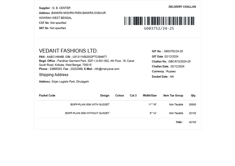 Delivery Challan for Vedant Fashions | PDF