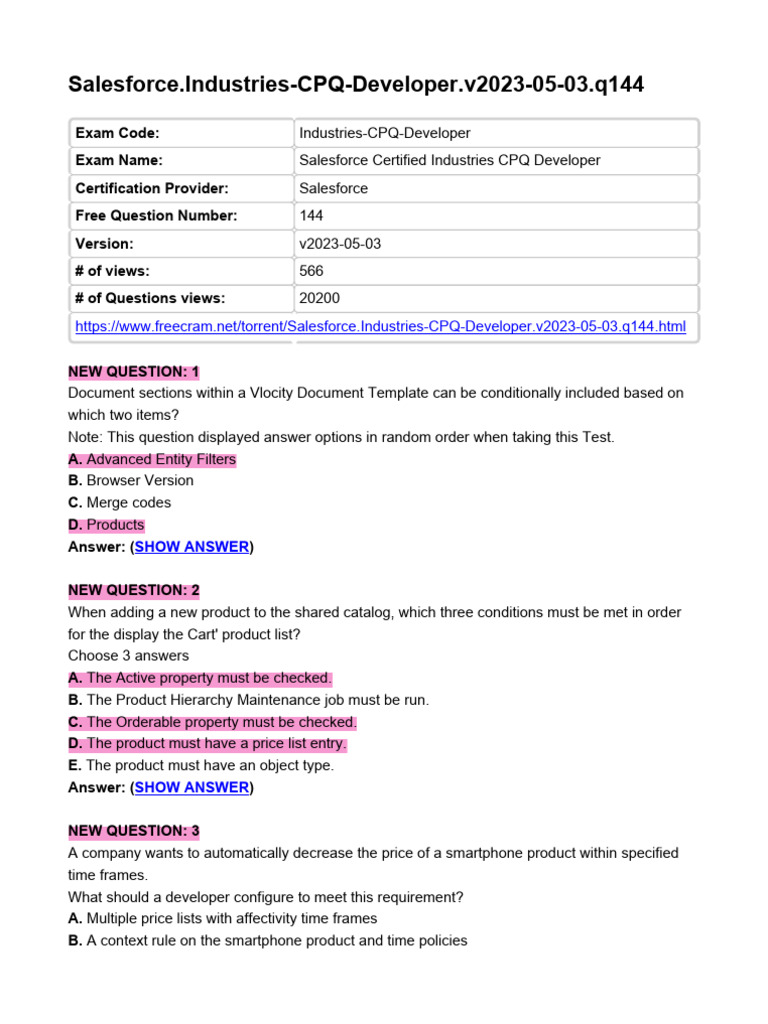 Salesforce - Industries CPQ Developer.v2023 05 03.q144 | PDF | Object (Computer Science) | Pricing