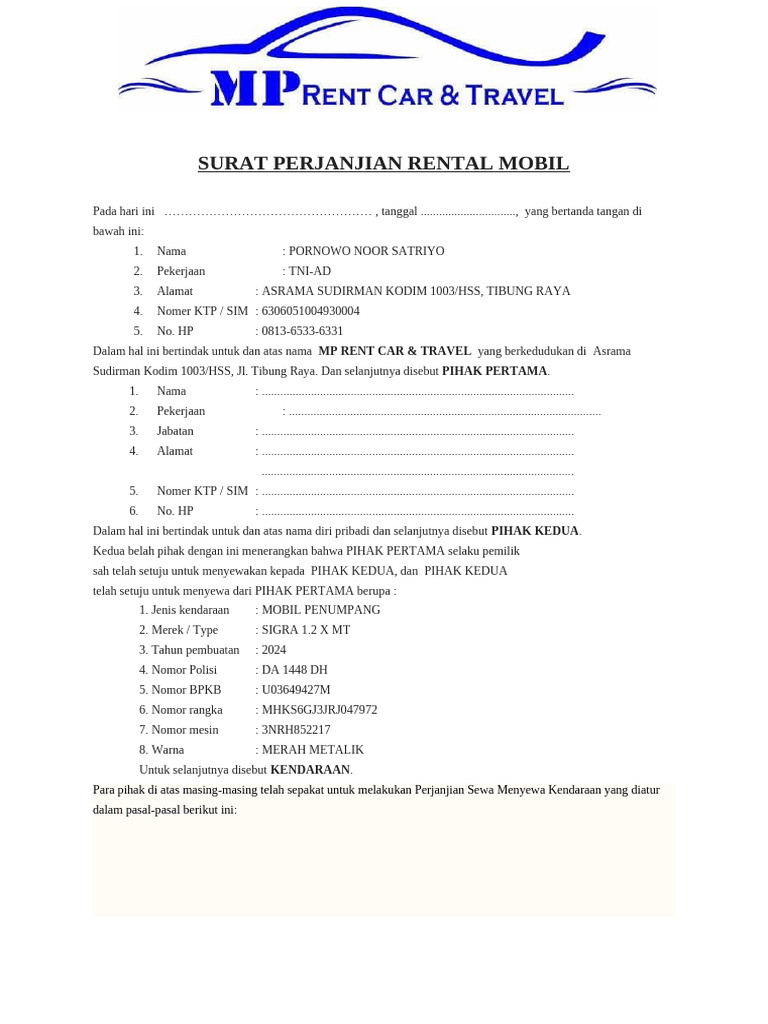 Perjanjian Rental Mobil | PDF