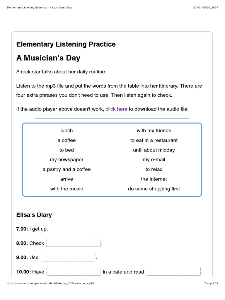 Elementary Listening Exercise - A Musician's Day | PDF | Cuisine