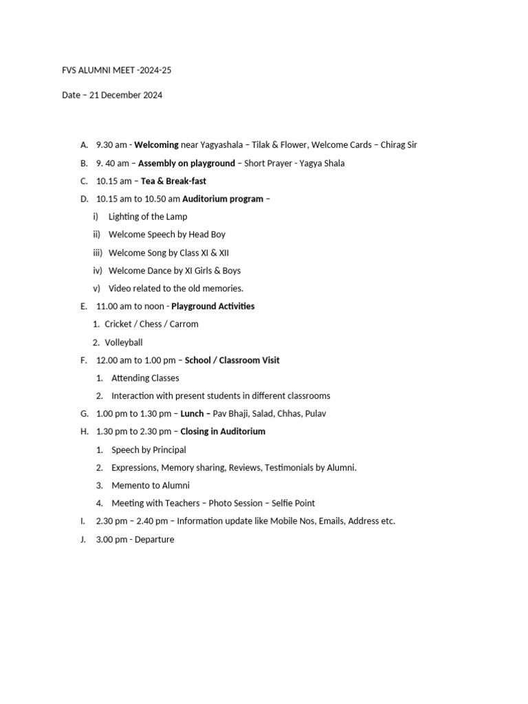 FVS Alumni Meet Agenda 2024-25 | PDF