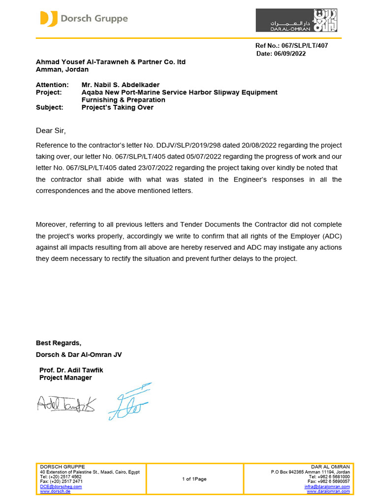 Aqaba Slipway-067S-SLP-LT-407 Project's Taking Over | PDF