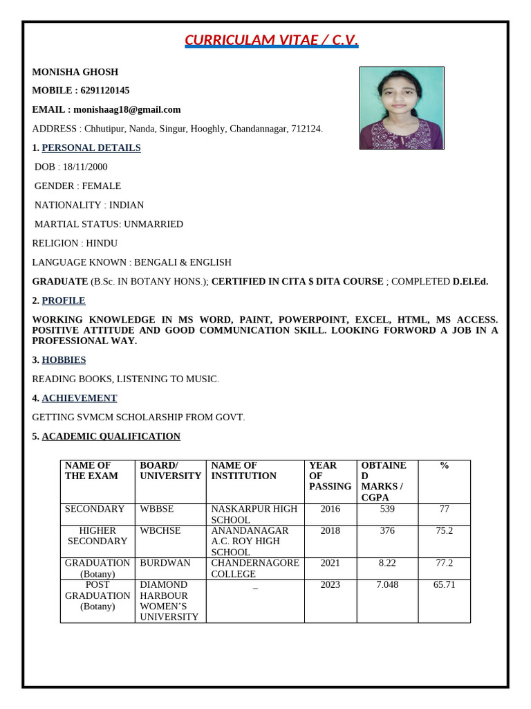 Monisha Ghosh - Botany Graduate CV | PDF