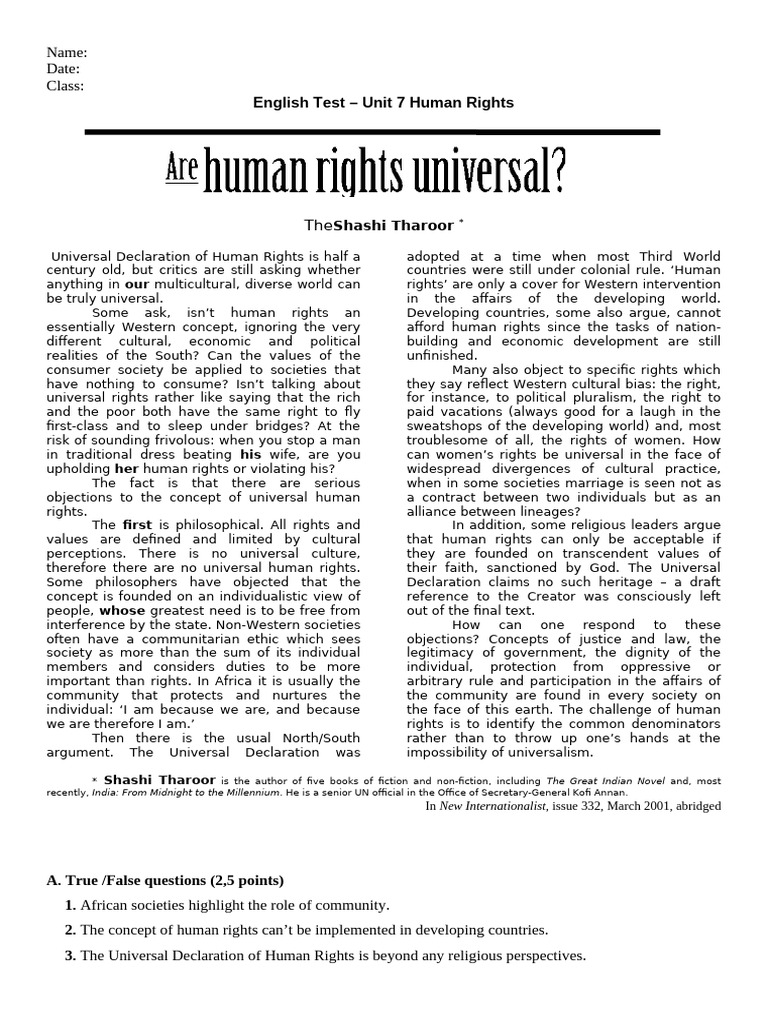 Human Rights Test Unit 7.Doc · Έκδοση 1 | PDF | Human | Human Rights
