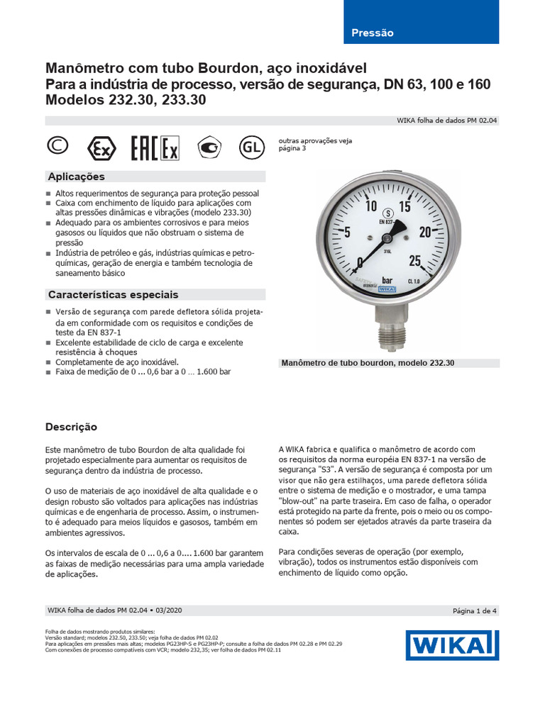 Catalogo Wika PM0204 Manometro | PDF | Medição de pressão | Materiais