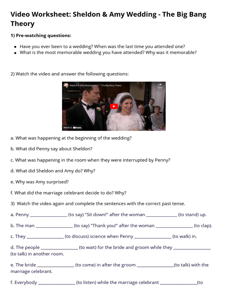 Video Worksheet Sheldon & Amy Wedding - The Big Bang Theory | PDF