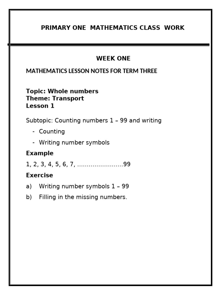 Mathematics Lesson Notes For Term Three: Primary One Mathematics Class ...