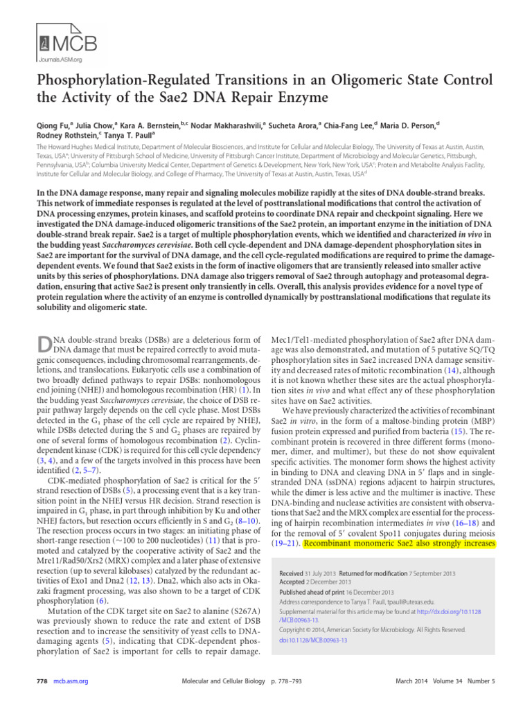 Phosphorylation-Regulated Transitions in an Oligomeric State Control the Activity of the Sae2 ...