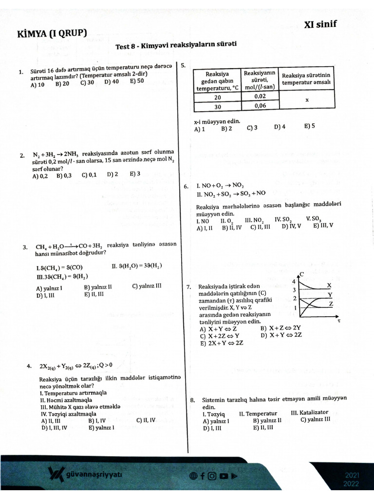 1-Ci Qrup. Quiz 8. Kimyəvi Reaksiyaların Sürəti. | PDF