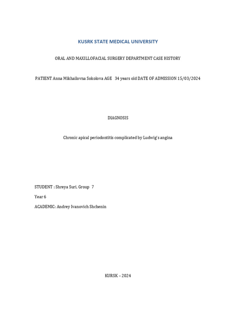 Ludwigs_Angina_Case_History | PDF | Medicine | Causes Of Death