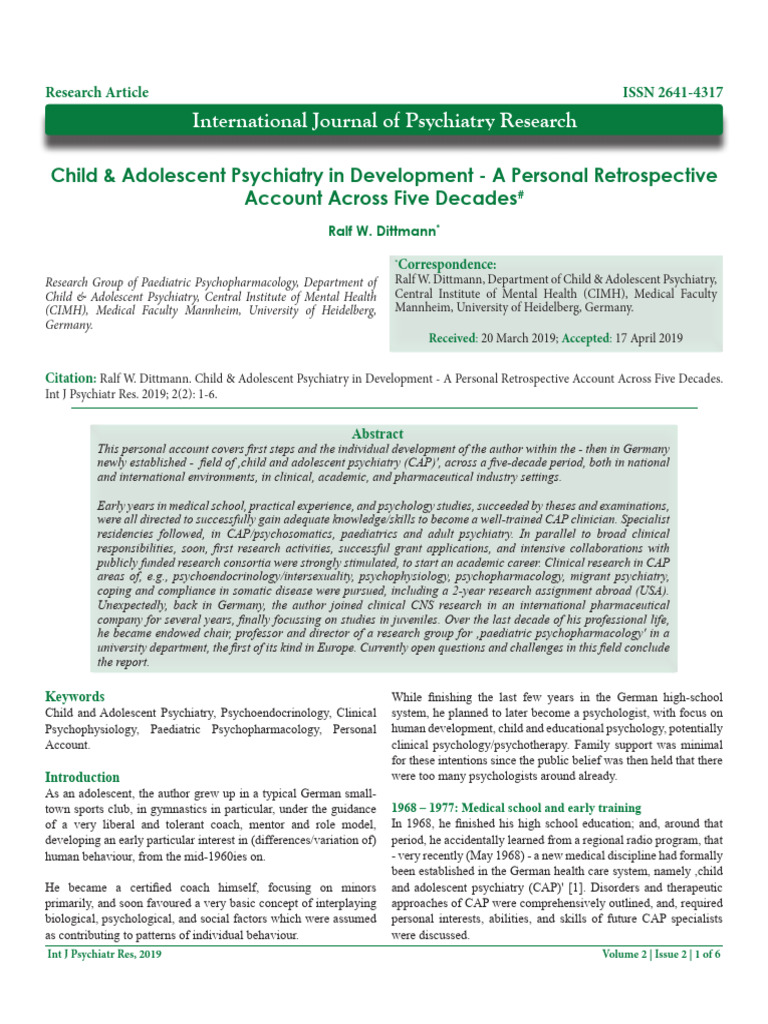 Child Adolescent Psychiatry in Development A Personal Retrospective ...