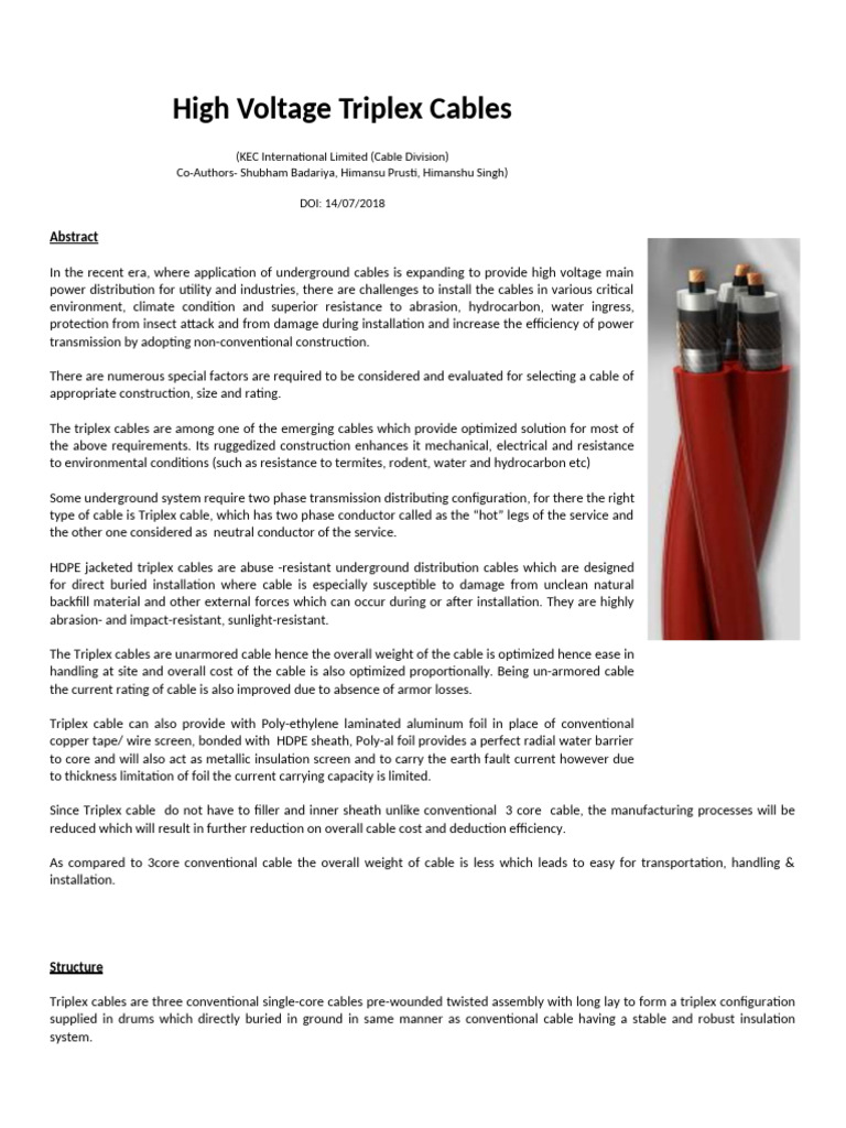 HV_Triplex Cables | PDF | Insulator (Electricity) | Electrical Conductor
