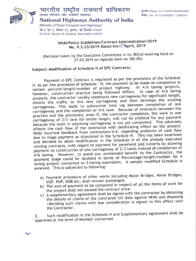 NHAI Circular Reg. Amendment in Schedule H | PDF