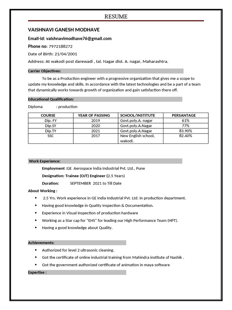 Resume Vaishnavi | PDF