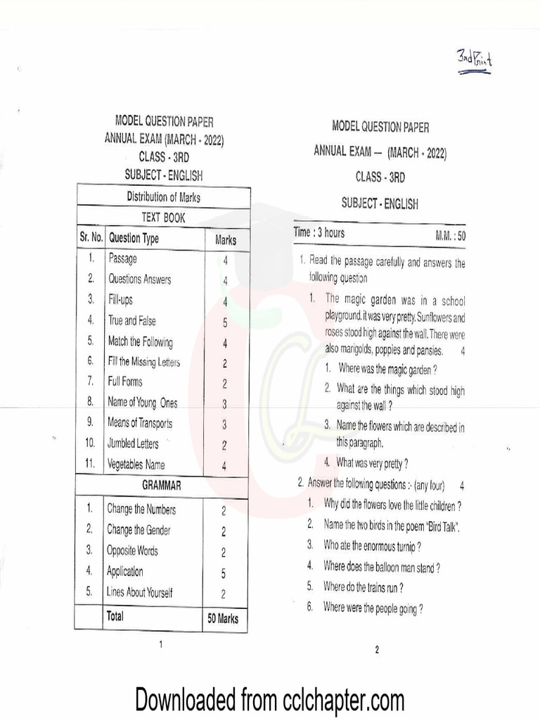 HPBOSE Class 3 English Model Paper 2022 | PDF