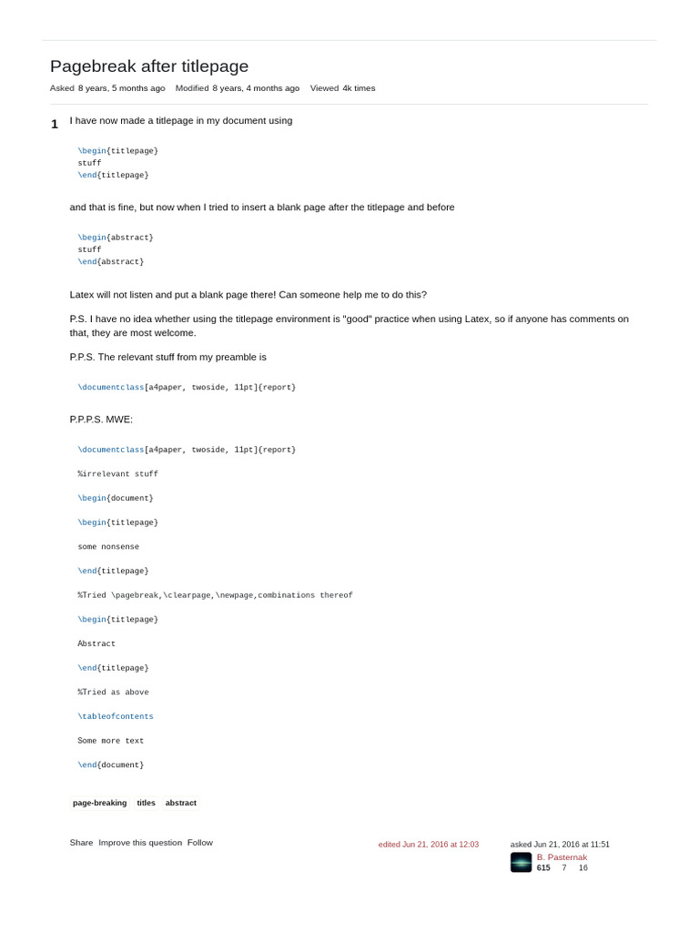 Page Breaking - Pagebreak After Titlepage - TeX - LaTeX Stack Exchange | PDF