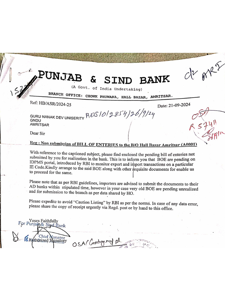 Punjab and Sind Bank Letter | PDF