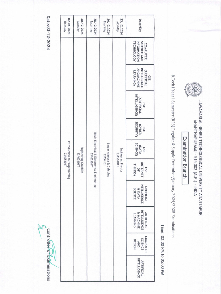 Timetable For B.tech I Yr I Sem R23 Reg Supple Dec Jan 2024 2025 Exams | PDF