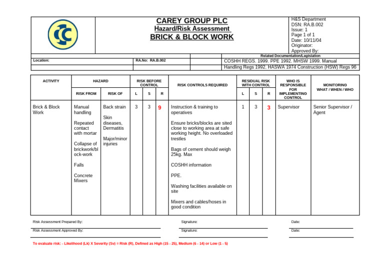 Brick & Blockwork RA.B.002 | PDF | Risk | Workplace