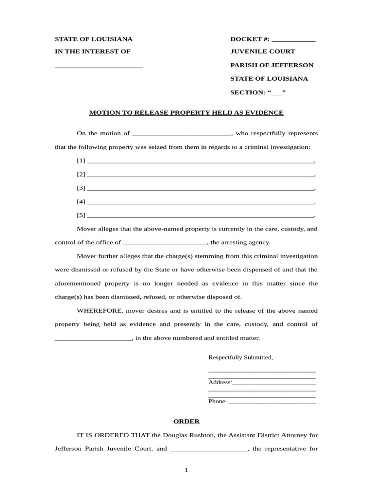 Motion to Release Evidence Property | PDF | Common Law | Criminal Justice