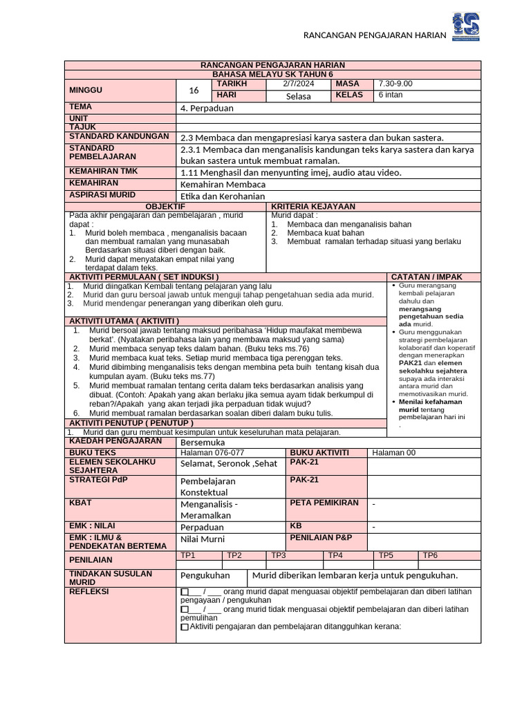 RPH MINGGU 17 BM Tahun 6 Intan | PDF