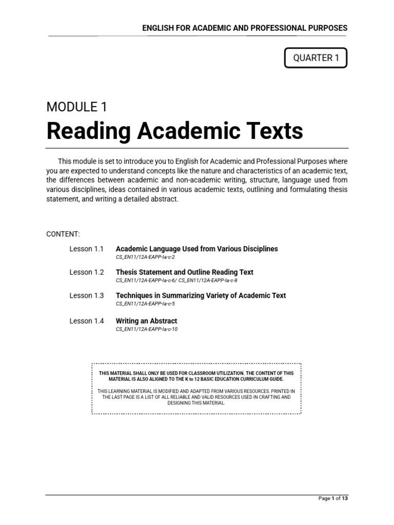 Module 1 - Reading Academic Texts | PDF | Thesis | Abstract (Summary)