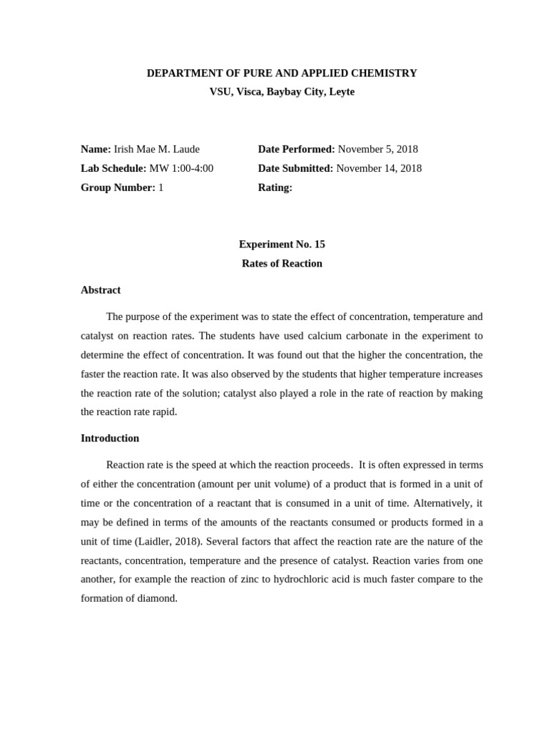lab report 15 | PDF | Reaction Rate | Chemical Reactions