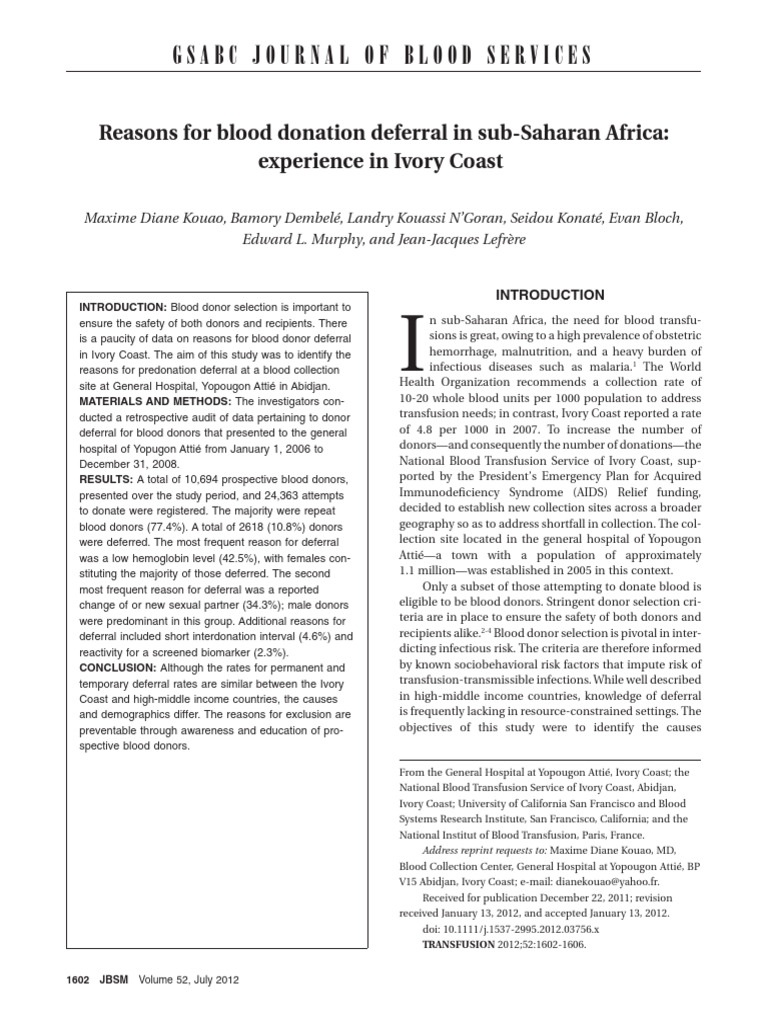 Reasons For Blood Donation Deferral in Subsaharan Africa - Experience ...