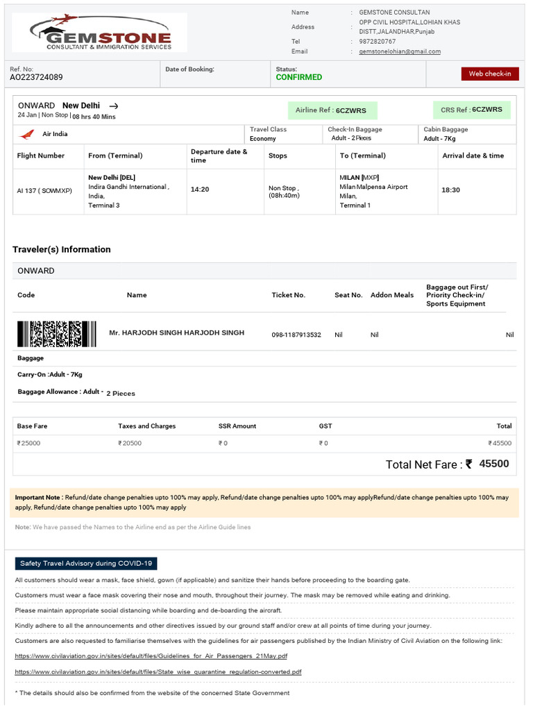 HARJODH SINGH Ticket - 223728542DELMXP Reissue | PDF | Aviation | Transport