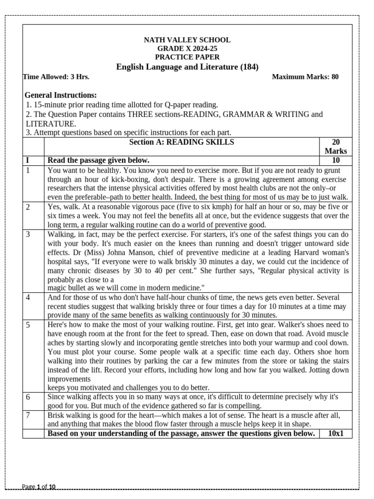 Grade 10 English Practice Paper 1 QP | PDF | Leadership | E Reader