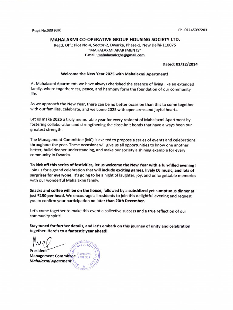 Celebrate New Year 2025 At Mahalaxmi Apartments Pdf