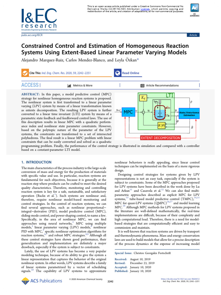 Marquez Ruiz Et Al 2020 Constrained Control And Estimation Of Homogeneous Reaction Systems Using
