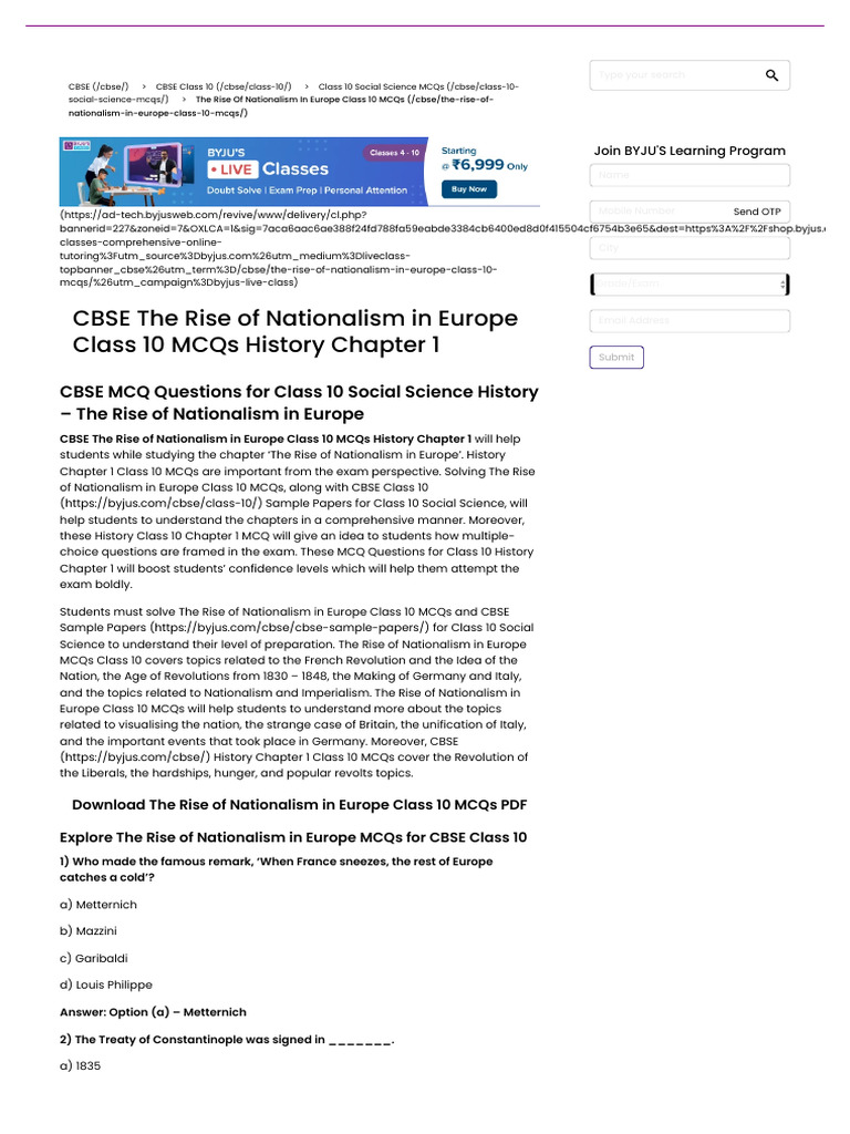 CBSE The Rise of Nationalism in Europe Class 10 MCQs History Chapter 1 ...