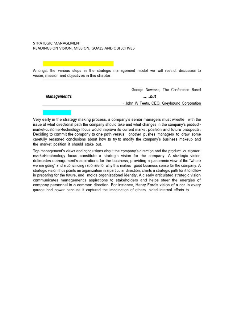 Readings - Vision, Mission, Goals & Objectives | PDF | Strategic ...